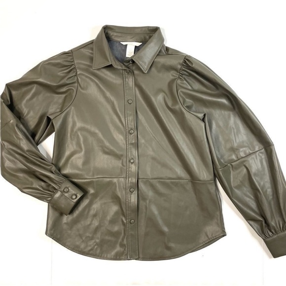 H&M | Jackets & Coats | Hm Faux Leather Olive Green Shacket | Poshmark